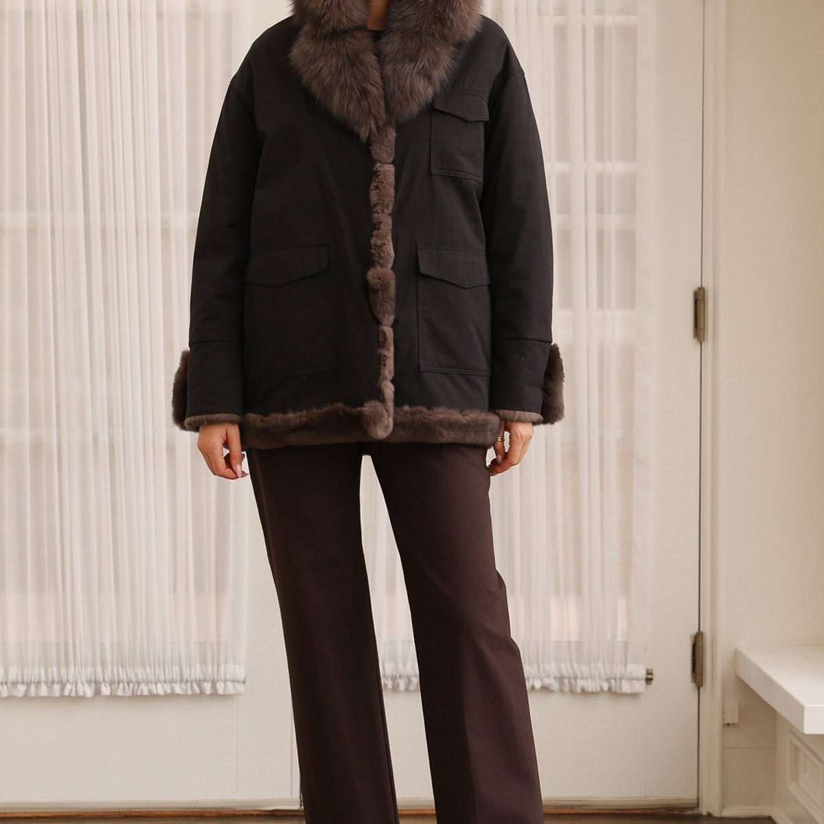 Reversible Coat in Technical Fabric to Rex Rabbit Fur in Black/Brown ...